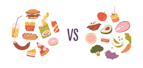 건강한 음식 Vs 건강에 해로운 음식 좋은 영양과 나쁜 영양 사이의 선택 개념 패스트푸드 단 음식과 지방 섭취 대 균형 잡힌 제품 세트 컬러 평면 벡터 일러스트