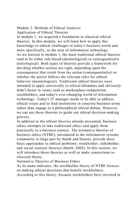 Module 2 Methods Of Ethical Analysisapplication Of Ethical Theodocx