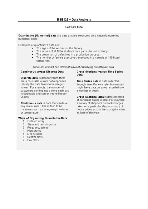 Bsb123 Data Analysis Lecture Notes 1 8 Bsb123 Data Analysis Lecture One Cross Sectional