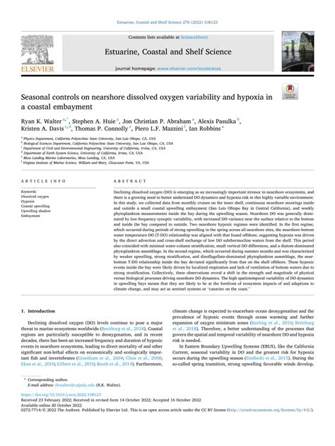 Pdf Seasonal Controls On Nearshore Dissolved Oxygen Variability And Hypoxia In A Coastal Embayment