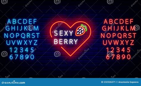 Sex Shop Flyer With Neon Berry Sign Strawberry And Heart With Alphabet Editable Stroke Vector