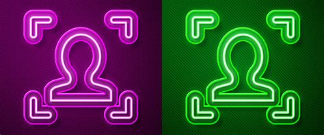보라색과 녹색 배경에 격리 빛나는 네온 라인 얼굴 인식 아이콘 얼굴 식별 스캐너 아이콘입니다 얼굴 Id 사이버 보안 개념 벡터 감지기에 대한 스톡 벡터 아트 및 기타 이미지