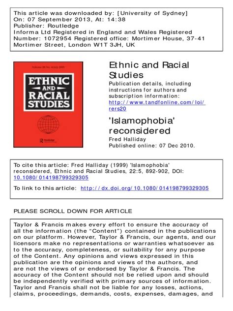 Halliday 1999 Pdf Islamophobia Discrimination And Race Relations