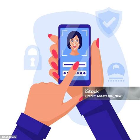 Face Authentication Facial Recognition System Smartphone Hold In Hand Woman Stock Illustration