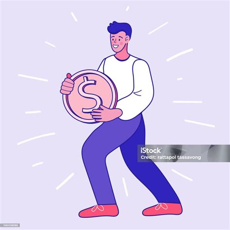 사업가는 저축을합니다 남자는 손에 금화를 가지고 다닙니다 금융 전문가 돈 현금을 가진 성격 큰 수입 돈 은유 플랫 벡터 일러스트레이션 개념에 대한 스톡 벡터 아트 및 기타
