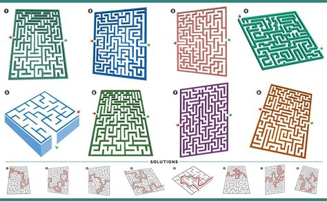 Maze Puzzle Activities Graphs Set With Solutions 31688635 Vector Art At