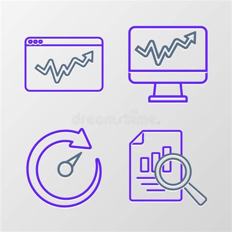 Set Line Document With Graph Chart Digital Speed Meter Monitor And Graph Infographic Icon