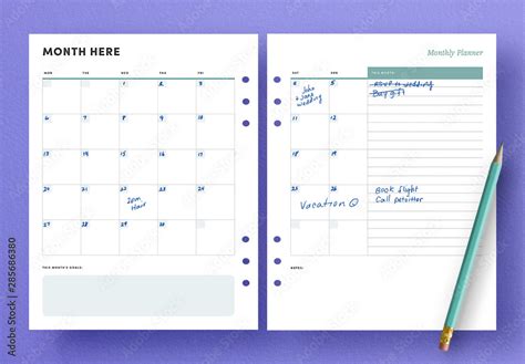 Monthly Calendar Agenda Layout For Planner Stock Template Adobe Stock