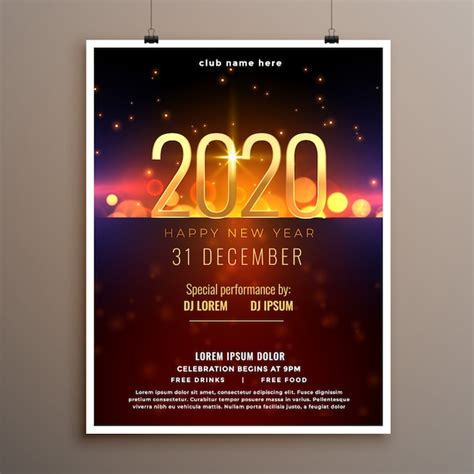 새해 복 많이 받으세요 2020 축하 전단지 또는 포스터 템플릿 무료 벡터