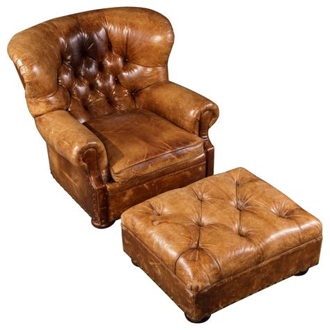 Writers Chair And Ottoman By Henredon In Thick Heavy Patinated Leather