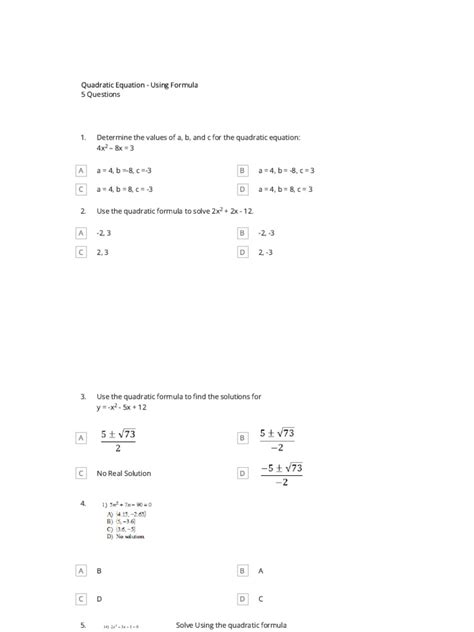 Quadratic Equation Formula Questions Pdf