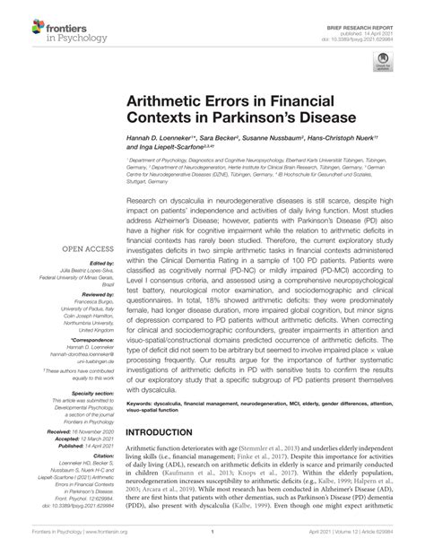 Pdf Arithmetic Errors In Financial Contexts In Parkinsons Disease