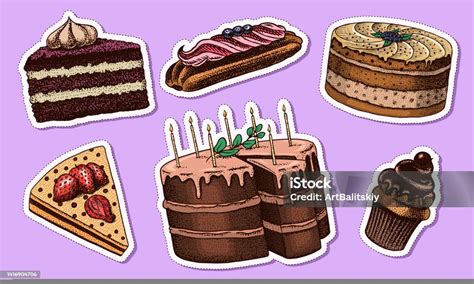 케이크와 크림 타르트 스티커 과일 디저트와 머핀 라벨 초콜릿 도넛 달콤한 음식 손으로 그린 빈티지 새겨진 스케치 카페와 레스토랑의 배너 또는 메뉴에 대한 벡터