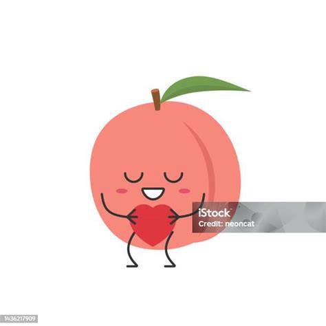 복숭아 귀여운 캐릭터 만화 사랑 기호 하트 좋아하는 육즙이 많은 달콤한 과일 웃는 얼굴 쾌활한 카와이 기쁨 행복 감정 아이콘 벡터 일러스트레이션 0명에 대한 스톡 벡터 아트