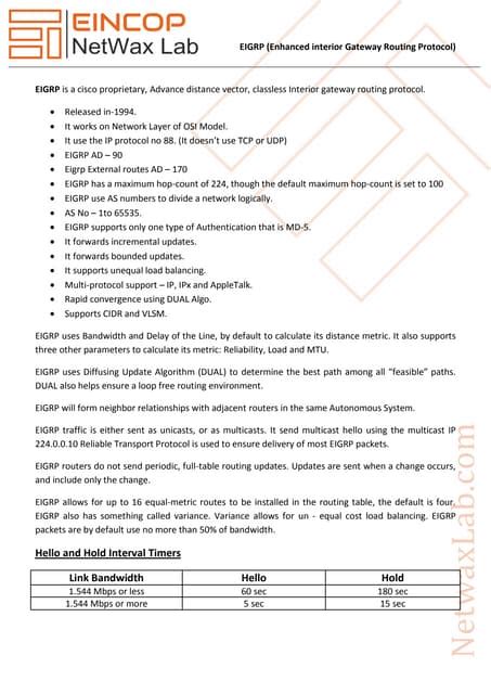 Eigrp Enhanced Interior Gateway Routing Protocol Pptx