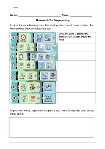 Kodu Homework Sheets Ks3 Computer Science Y7 Teaching Resources