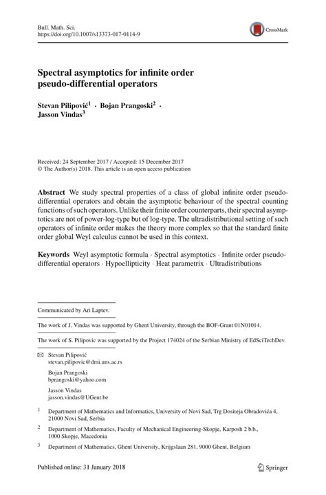 Pdf Spectral Asymptotics For Infinite Order Pseudo Differential Operators