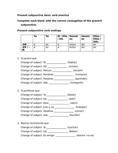 Present Subjunctive Basic Verb Practice Teaching Resources