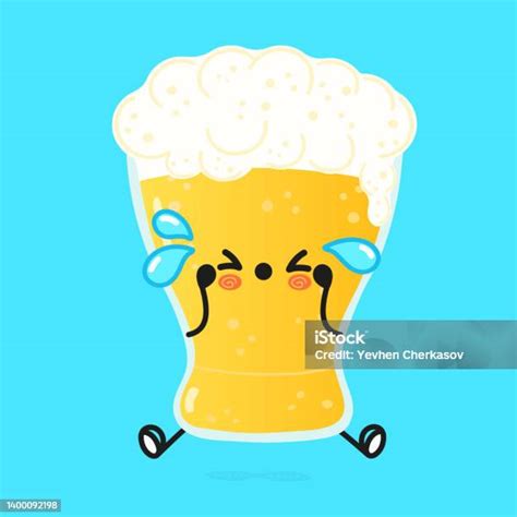 맥주 캐릭터의 귀여운 슬픈 유리 벡터 손으로 그린 만화 카와이 캐릭터 일러스트 레이 션 아이콘 파란색 배경에 격리되어 있습니다 맥주 캐릭터 개념의 슬픈 유리 Ale에 대한