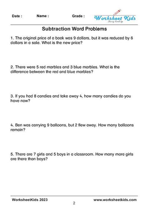 Subtraction Word Problems Worksheets Kindergarten To Grade 6