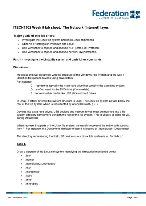 Week 5 Lab Sheet Network Layer ITECH1102 Week 5 Lab Sheet The Network Internet Layer