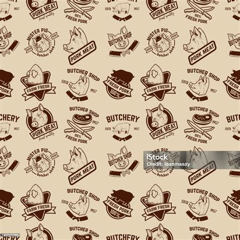 농장 신선한 돼지 고기 레이블 패턴입니다 포스터 포장지 디자인 요소입니다 벡터 일러스트 레이 션 도살장에 대한 스톡 벡터 아트 및 기타 이미지 Istock