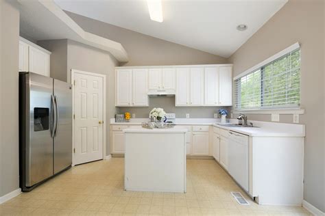 가라앉다 가전 제품 가전제품 가정집 건축 고급 주방 고정물 깨끗한 꽃꽂이 냉장고 널찍한 디자인 미니멀리스트 바닥 밝은 벽 장식 부동산 부엌 섬