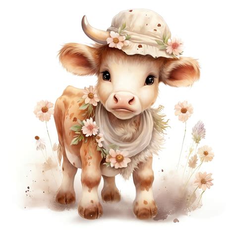 농장 마법의 동화 클립 아트 그림에 밀짚모자를 쓴 아름다운 소 프리미엄 사진