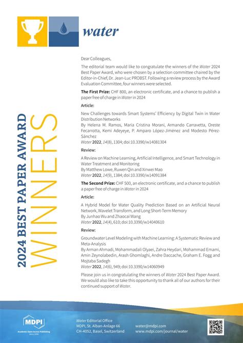 Water Mdpi On Linkedin Mdpiawardwinners