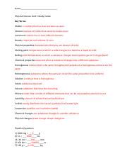 Physical Science Unit Study Guide Answers Docx Name Physical Science Unit Study Guide Key