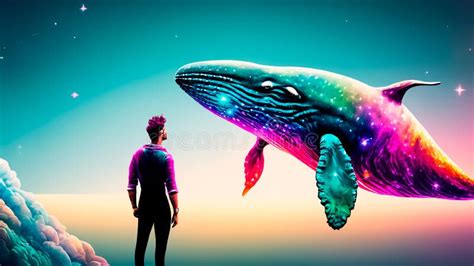 Colorful Whale Outer Space Journey Concept Showing A Man Looking At