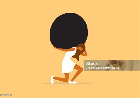 어깨에 거대한 돌을 들고 불행한 피곤한 여성 캐릭터의 벡터 그림 정신적 스트레스에 대한 스톡 벡터 아트 및 기타 이미지 정신적 스트레스 물리적 압력 여자 Istock