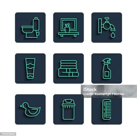 세트 라인 고무 오리 쓰레기통 빗 수도꼭지 수건 더미 치약 튜브 변기 및 청소 스프레이 병 아이콘 벡터 건강관리와 의술에 대한 스톡 벡터 아트 및 기타 이미지 Istock