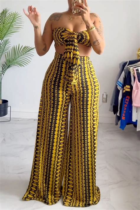 Wholesale Sexy Stripe Print Strapless Sleeveless Lace Up Front Tie Tube Crop Tops And Wide Leg