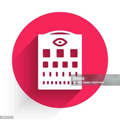 긴 그림자로 격리된 화이트 아이 테스트 차트 아이콘입니다 안과 연구에서 시력 검사를 위한 포스터 스니엘렌 차트 빨간색 원 버튼입니다 벡터 개념에 대한 스톡 벡터 아트 및