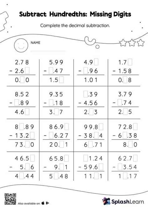 Subtract Hundredths Missing Digits Worksheet