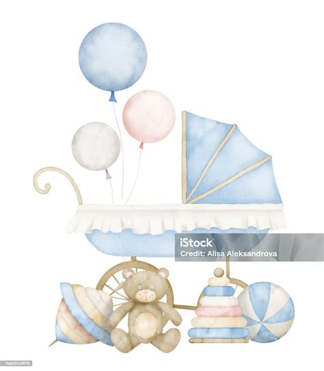 유모차와 어린이 장난감이 있는 신생아 소년 구성은 파스텔 블루와 베이지 색상입니다 격리된 배경에 있는 어린이 생일 파티를 위한