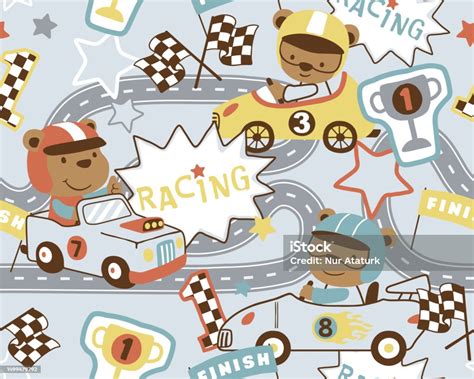 재미있는 곰 만화 자동차 경주 요소가 있는 자동차 경주의 원활한 패턴 벡터 경주용 자동차 자동차에 대한 스톡 벡터 아트 및 기타