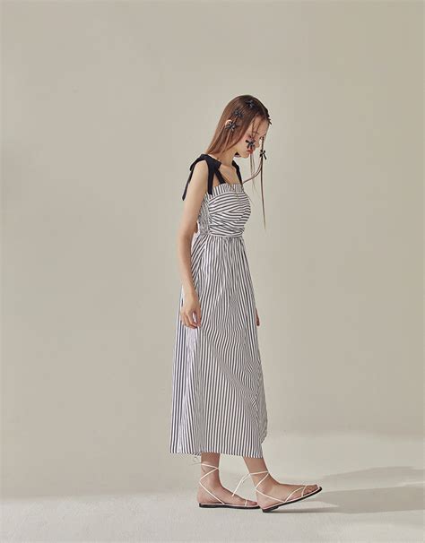 비키니밴더 스트라이프 리본타이 롱원피스