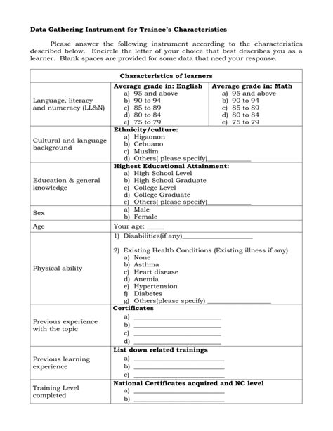 trainee characteristics data gathering instrument