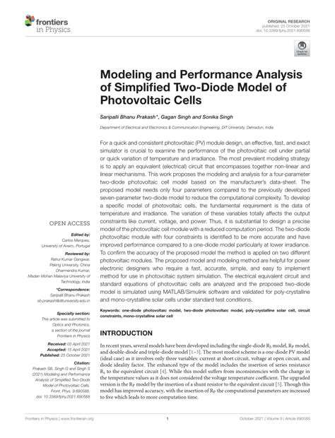 Pdf Modeling And Performance Analysis Of Simplified Two Diode Model Of Photovoltaic Cells