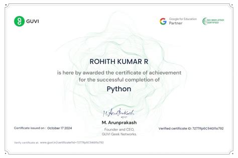 Rohith Kumar R On Linkedin Python Guvi Programming Certification