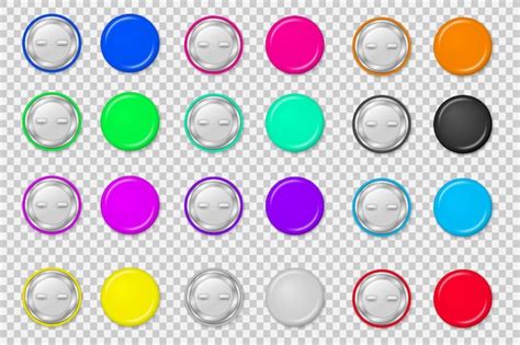 핀백 배지 3d 라운드 핀 버튼 다시 고정 원형 광택 플라스틱 금속 태그 모형 브로치 프리미엄 벡터