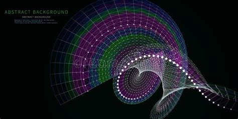 Abstract Background Twisting Wireframe Grid From Color Faces And Dots On Black Technology