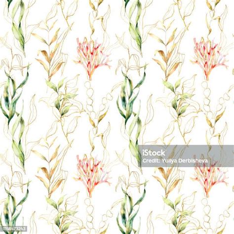 라미나리아 잎과 산호와 수채화 원활한 패턴 흰색 배경에 고립 된 조류와 열대 말미잘과 손으로 수중 꽃 그림을 그린 디자인 직물 배경 가리기에 대한 스톡 벡터 아트 및 기타