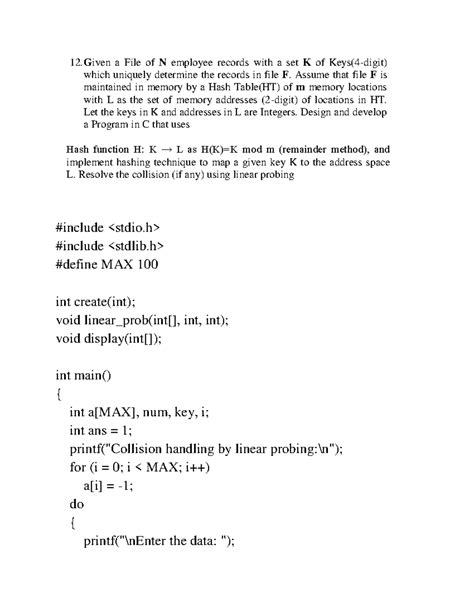 Ds12 C Program For Hash Table With Linear Probing Collision Handling