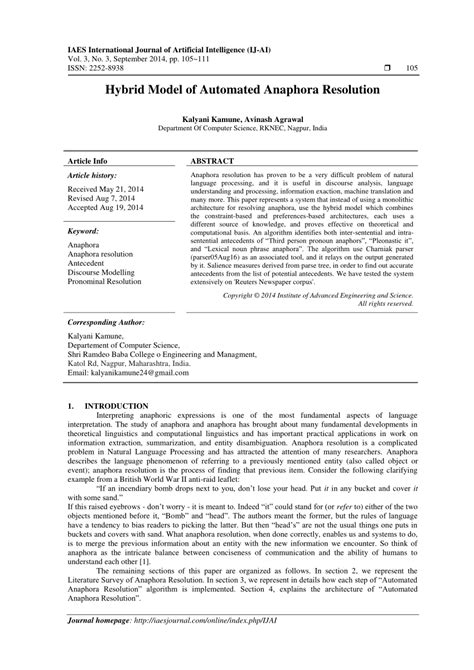 Pdf Hybrid Model Of Automated Anaphora Resolution