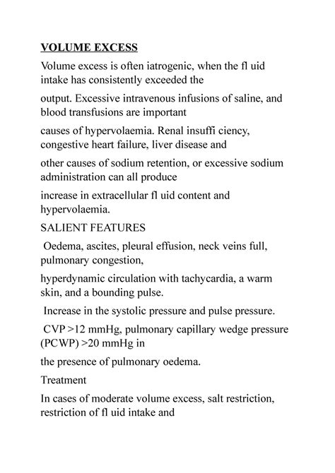 Volume Excess VOLUME EXCESS Volume Excess Is Often Iatrogenic When The Fl Uid Intake Has