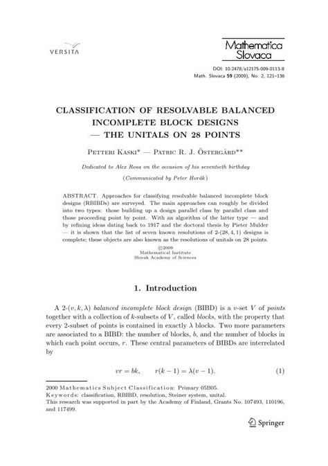 PDF Classification Of Resolvable Balanced Incomplete Block Designs The Unitals On Points