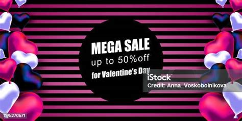 발렌타인 데이 하트 모양과 줄무늬 배경의 모양에 사실적인 발롱 벡터 배너입니다 메가 할인 혜택 배너 텍스트 장소가 있는 엽서 0명에 대한 스톡 벡터 아트 및 기타 이미지